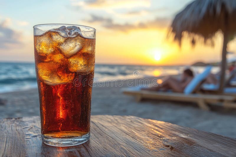 Cold Beverage with Ice on a Beach Table during a Vibrant Sunset Stock ...