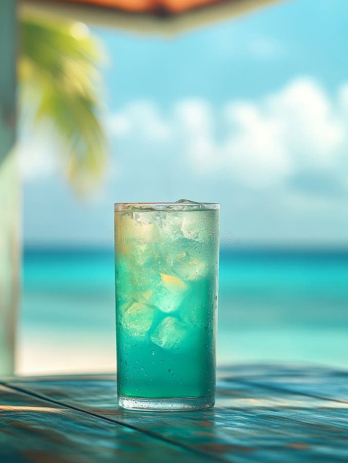 Cold Blue Drink with Ice on a Tropical Beach Background. Stock Image ...