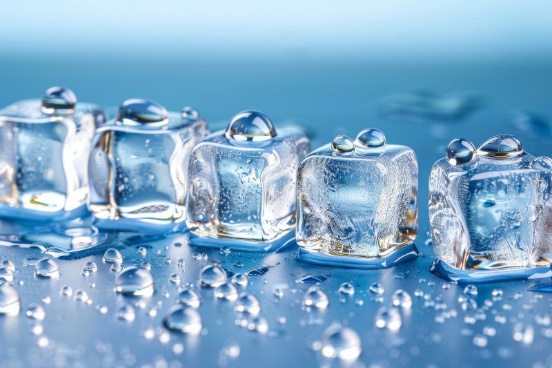 Cold Blue Ice Cubes Banner Panorama on Bluish Background in Light ...