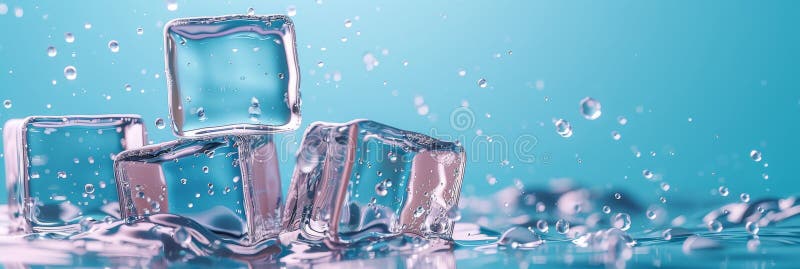 Cold Blue Ice Cubes Banner Panorama on Bluish Background, in Light Cold ...