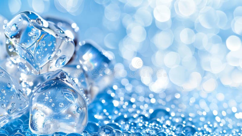 Cold Blue Ice Cubes Panoramic Banner on Bluish Background in Light Cold ...