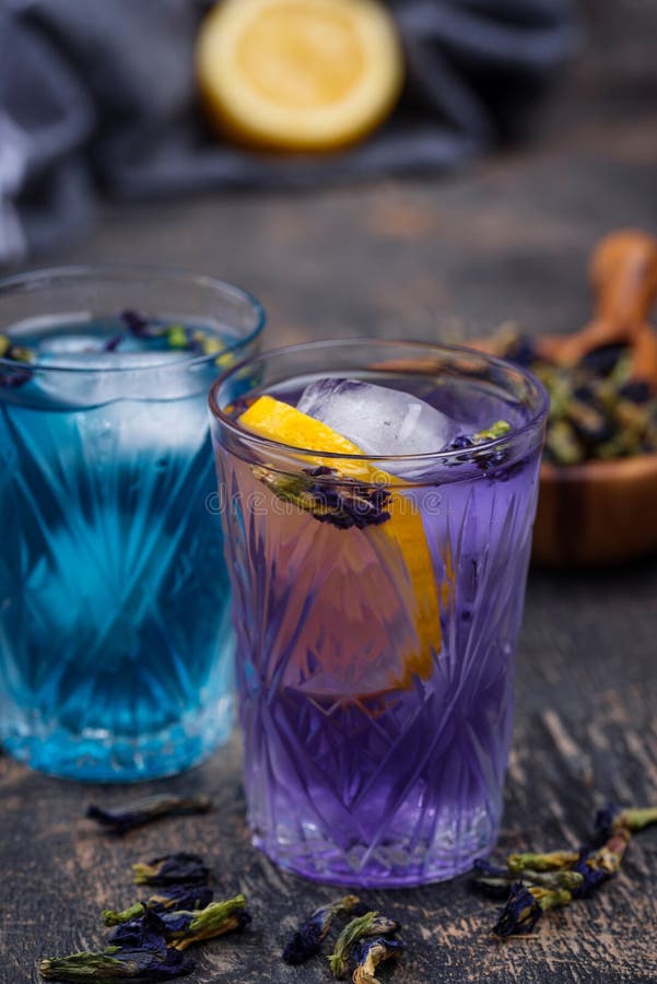 Cold Blue and Purple Tea Butterfly Pea Stock Photo - Image of flower ...