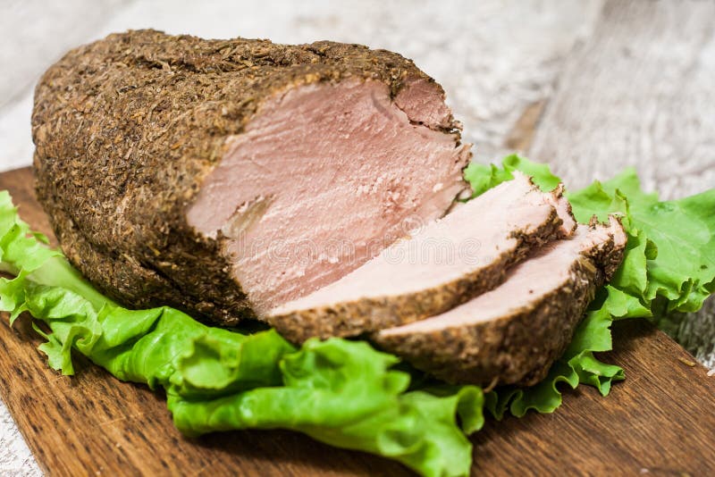 Cold Boiled Pork in a Cut with Salad Leaves Stock Image - Image of pork ...