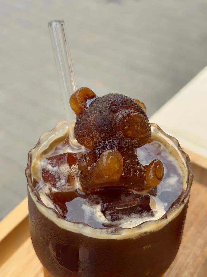 Cold Brew Coffee Served in Transparent Glass with Bear-Shaped Ice Cube ...
