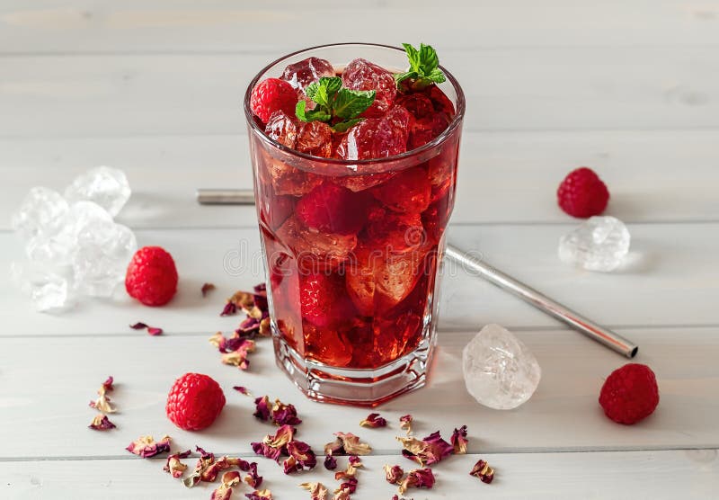 Cold Brew Hibiscus Ice Tea with Raspberry and Mint. Stock Image - Image ...