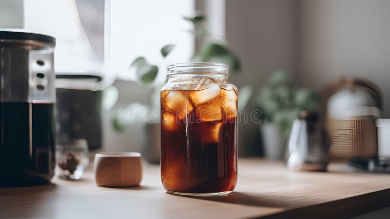 Cold Brew with Ice in a Glass Glass on the Kitchen Table. Coffee Drinks ...