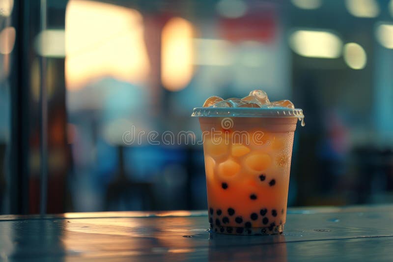 Cold Bubble Tea with Tapioca Pearls is Sitting on Table in Cafe Stock ...