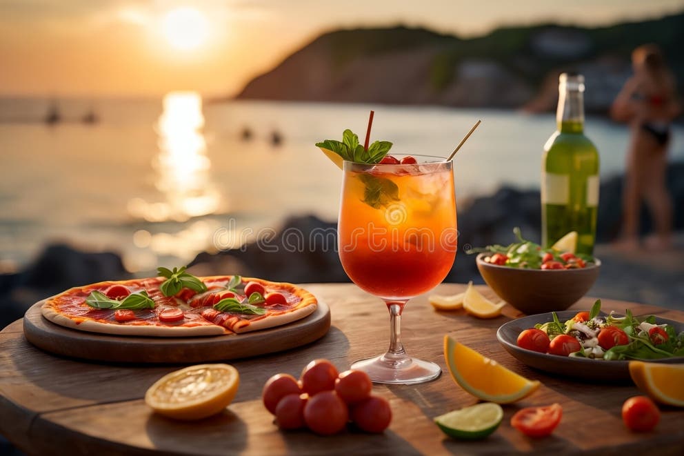 Cold Cocktails on the Table and Snacks, on the Seashore in the Evening ...