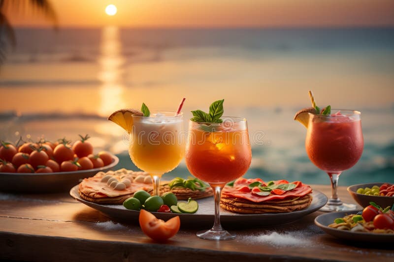 Cold Cocktails on the Table and Snacks, on the Seashore in the Evening ...