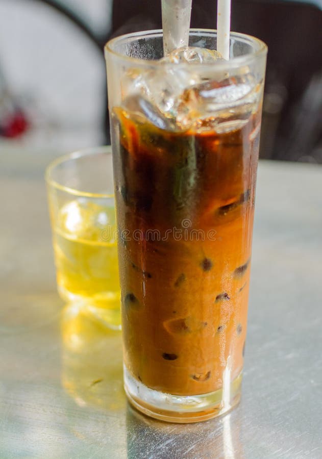 Cold Coffee in Glass on Steel Table Stock Image - Image of closeup ...