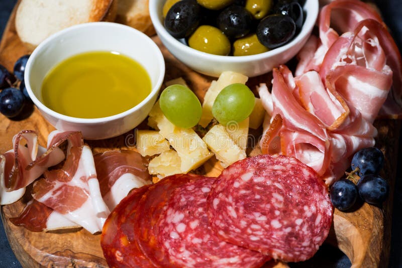 Cold Cuts, Bread and Cheese on Wooden Board, Closeup Stock Image ...