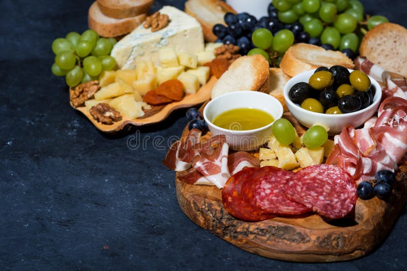 Cold Cuts, Bread and Cheese on Wooden Board, Closeup Stock Image ...