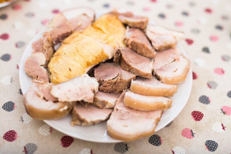 Cold Cuts of Different Types of Cooked Meat on Plate Stock Image ...