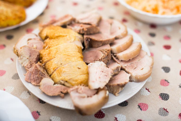 Cold Cuts of Different Types of Cooked Meat on Plate Stock Photo ...