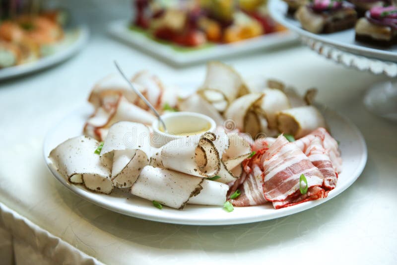 Cold Cuts on a Plate in the Restaurant Close-up Stock Image - Image of ...