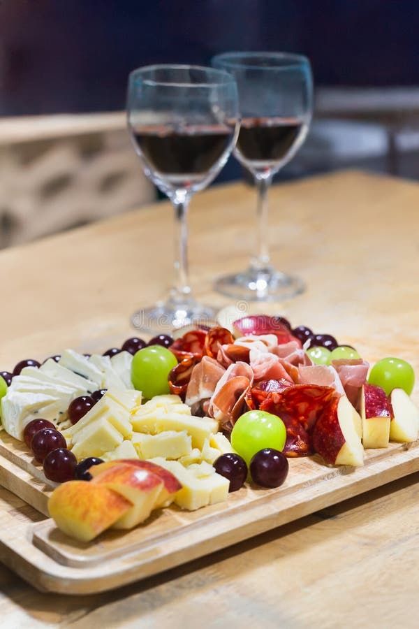 Cold Cuts Smoked Ham Cheese Glasses Red Wine Wooden Table Stock Photos ...