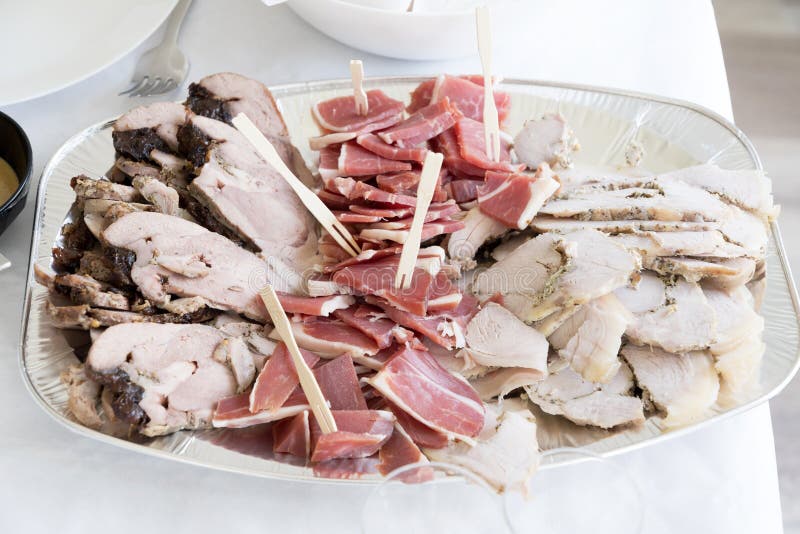 Cold Cuts of Various Appetizers Served on a Large Platter on a Festive ...
