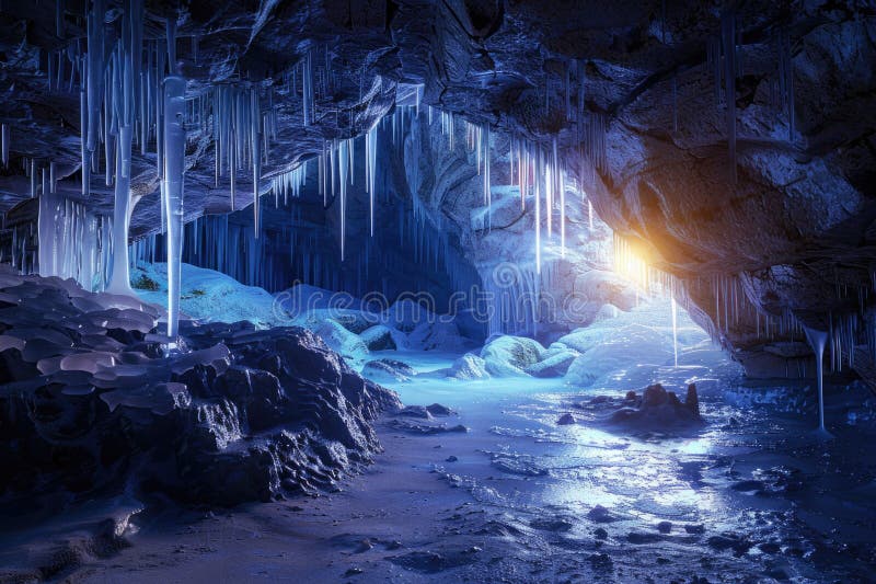 A Cold and Dark Cave Covered in Ice and Icicles, Suitable for Winter or ...