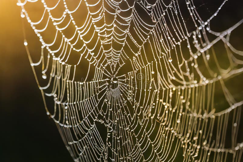Cold Dew Condensing on a Spider Web with Morning Light Rays in the ...