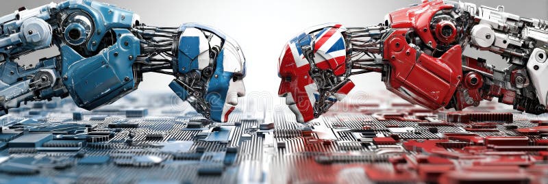 Tech Robots Draped in National Flags Engage in a Digital Confrontation ...