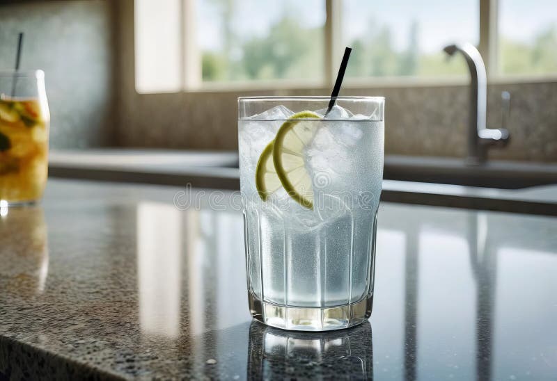 A Cold Drink Being Served on a Glass on Top of a Kitchen Counter Stock ...