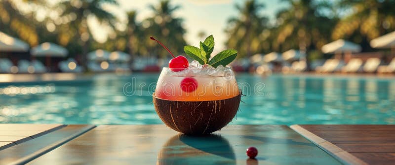 Cold Drink Featuring a Tropical Punch Served in a Coconut Shell at a ...