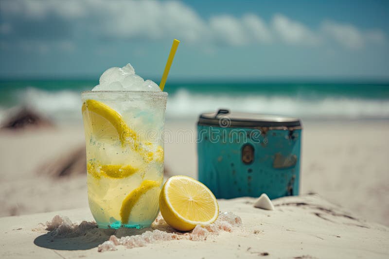 Cold Drink with Ice and a Slice of Lemon on the Beach. Illustration AI ...