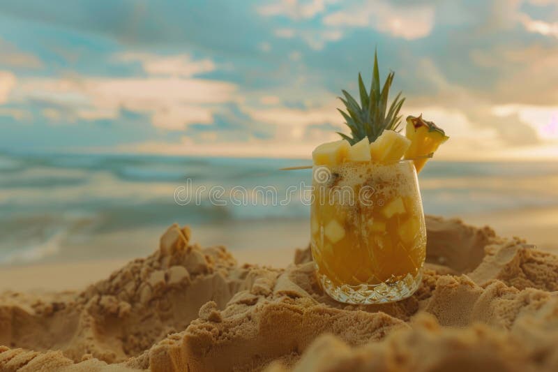 A Cold Drink Sitting on a Sandy Beach, Perfect for a Summer Day Stock ...
