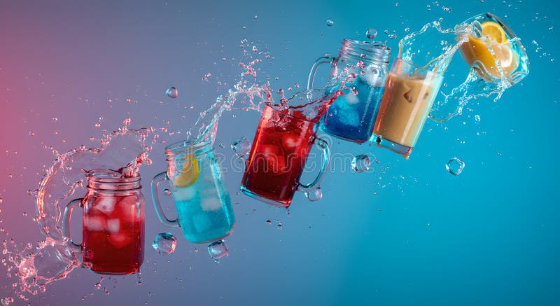 Dynamic Splash of Colorful Cold Drinks in Dramatic Diagonal Composition ...