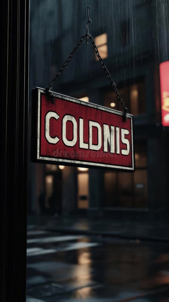 Cold Drinks Sign Hangs in Rainy City Window Display, Refreshment Theme ...