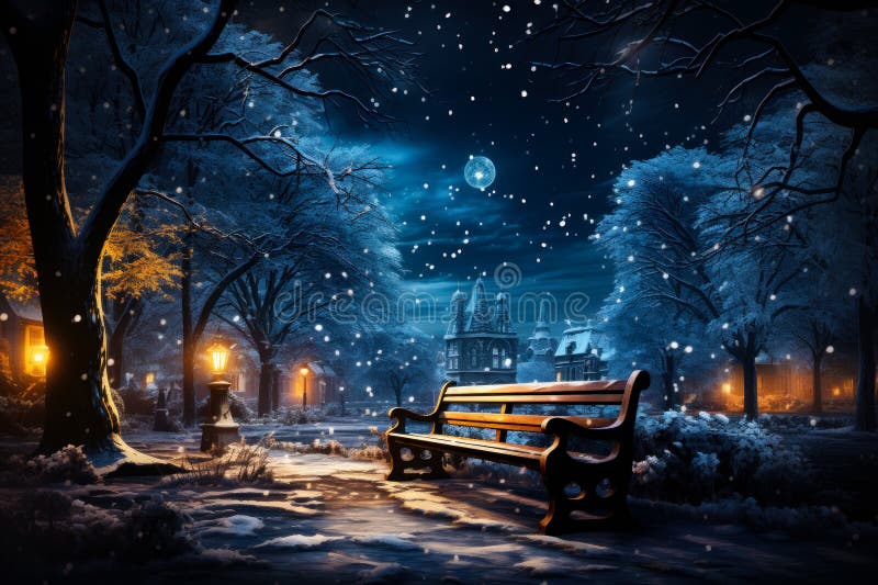 Cold Evening Scene Park. Night Snow Street with Lights. Generative AI ...