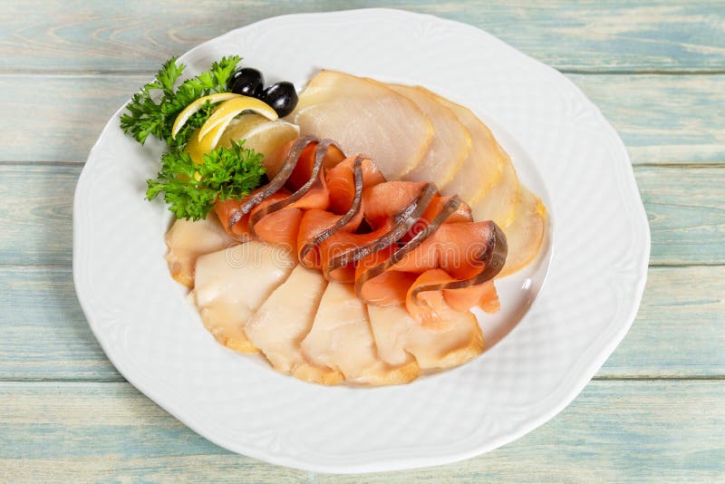 Cold Fish Plate. Set of Appetizers on Wooden Table Stock Image - Image ...