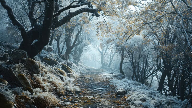 A Cold Freezing Path through a Dense Forest Stock Illustration ...