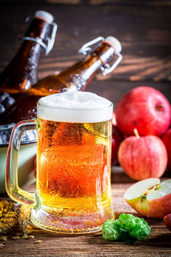 Cold and Fresh Apple Beer with Apples Stock Image - Image of fresh ...