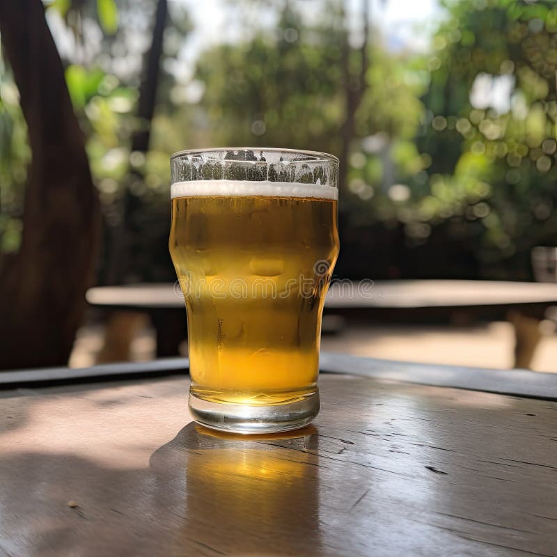 A Cold Glass of Beer with Condensation on a Table Outside during the ...