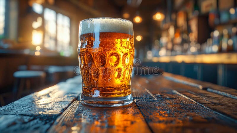 A Cold Glass of Beer on a Pub Counter, with Warm Lighting and Soft ...
