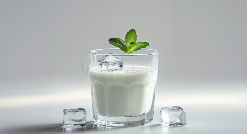 Cold Glass of Milk with Ice Cubes and Mint Leaf Stock Image - Image of ...