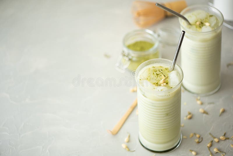 Cold Green Matcha with Milk in a Tall Glass Stock Image - Image of ...