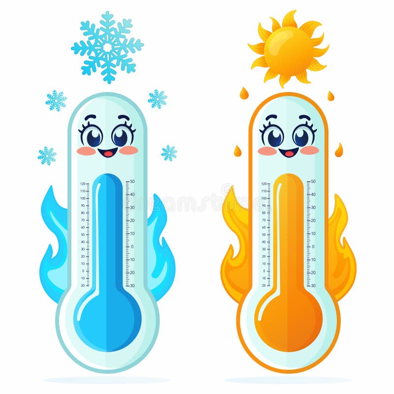 Cold and Hot Cute Kawaii Thermometer Flat Vector Illustration Stock ...