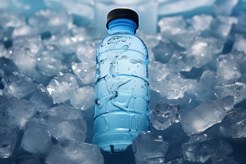 Cold Hydration Water Bottle Displayed on a Bed of Ice Cubes Stock ...