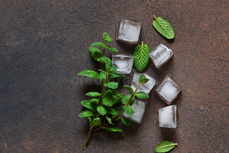 Cold Ice and Fresh Mint on a Concrete Background. View from Above Stock ...
