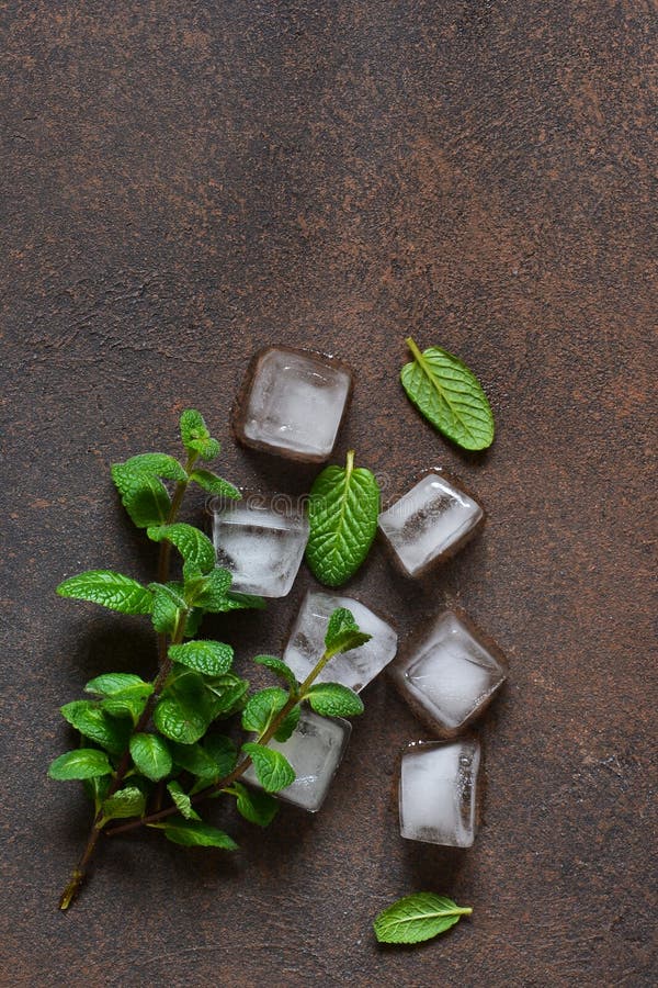Cold Ice and Fresh Mint on a Concrete Background. View from Above Stock ...