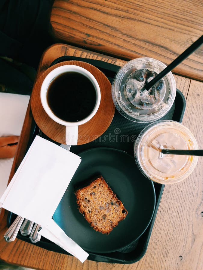 Cold Iced and Hot Coffee in Plastic Cup with Grape Cake at Coffee Shop ...