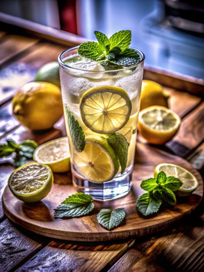 Cold Lemonade Glass on the Table, Lemon and Mint Fnd Lime Scattered on ...