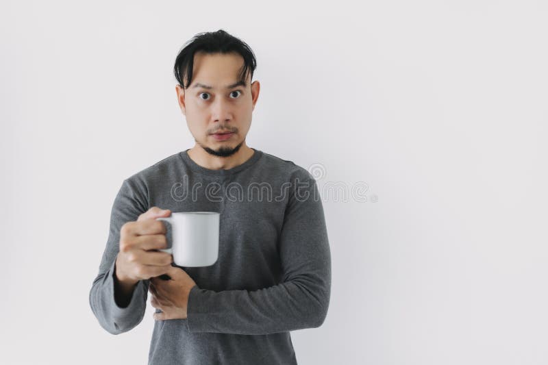 Cold Man in Grey Fleece Base Layer Drinking Hot Drink Isolate on White ...