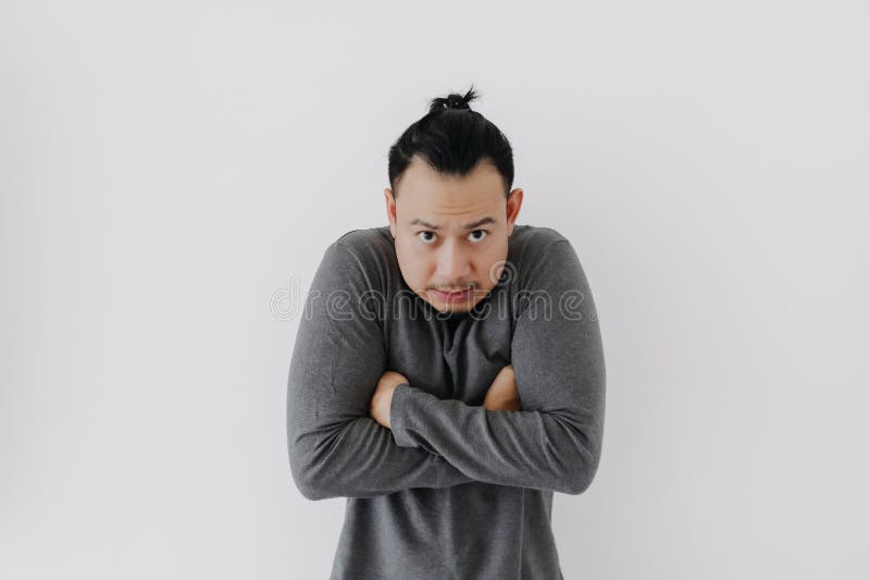 Cold Man in Grey Fleece Base Layer Stand Chilling Isolate on White ...