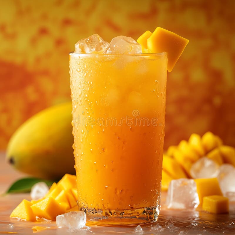 Cold Mango Juice with Ice Cubes and Fresh Mango Chunks â€“ Close-Up ...