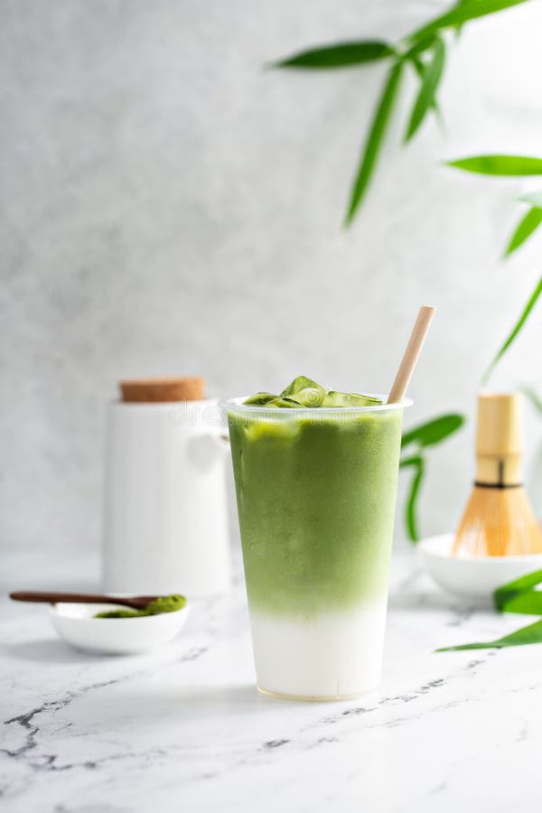 Cold Matcha Latte in a Tall Glass on Marble Stock Image - Image of food ...