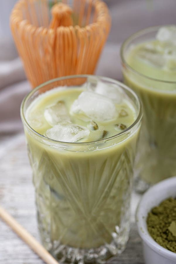 Cold Matcha Tea with Milk and Ice Stock Photo - Image of detox, chasen ...