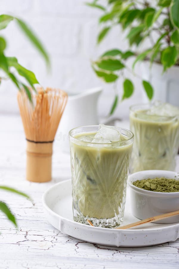 Cold Matcha Tea with Milk and Ice Stock Image - Image of matcha ...